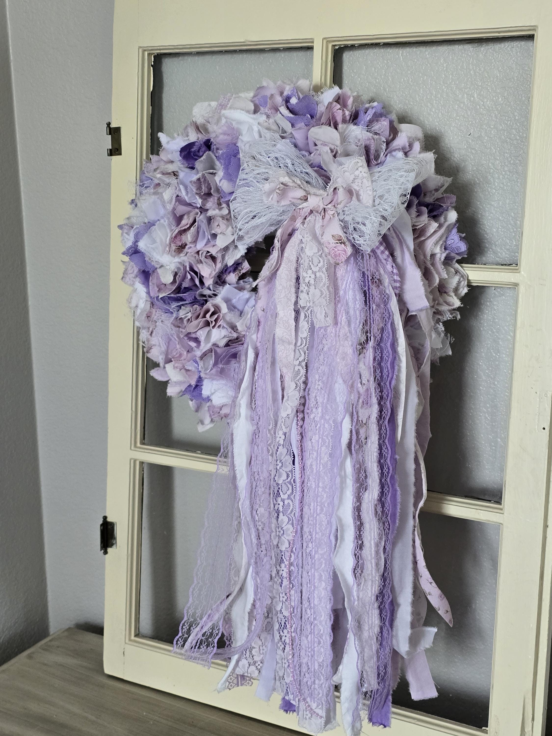 Lavender Shabby Chic Rag Wreath With Lace & Pearl Bow - Etsy