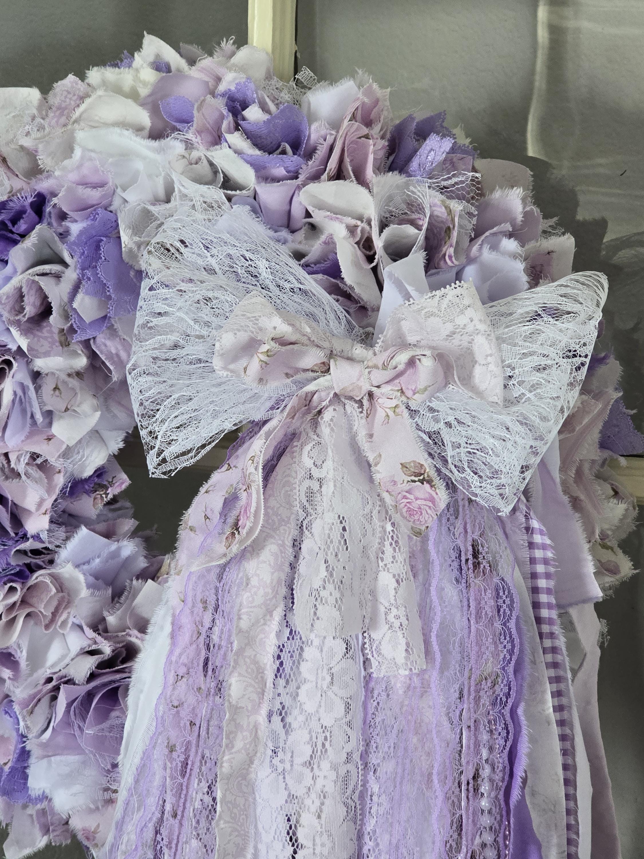Lavender Shabby Chic Rag Wreath With Lace & Pearl Bow - Etsy