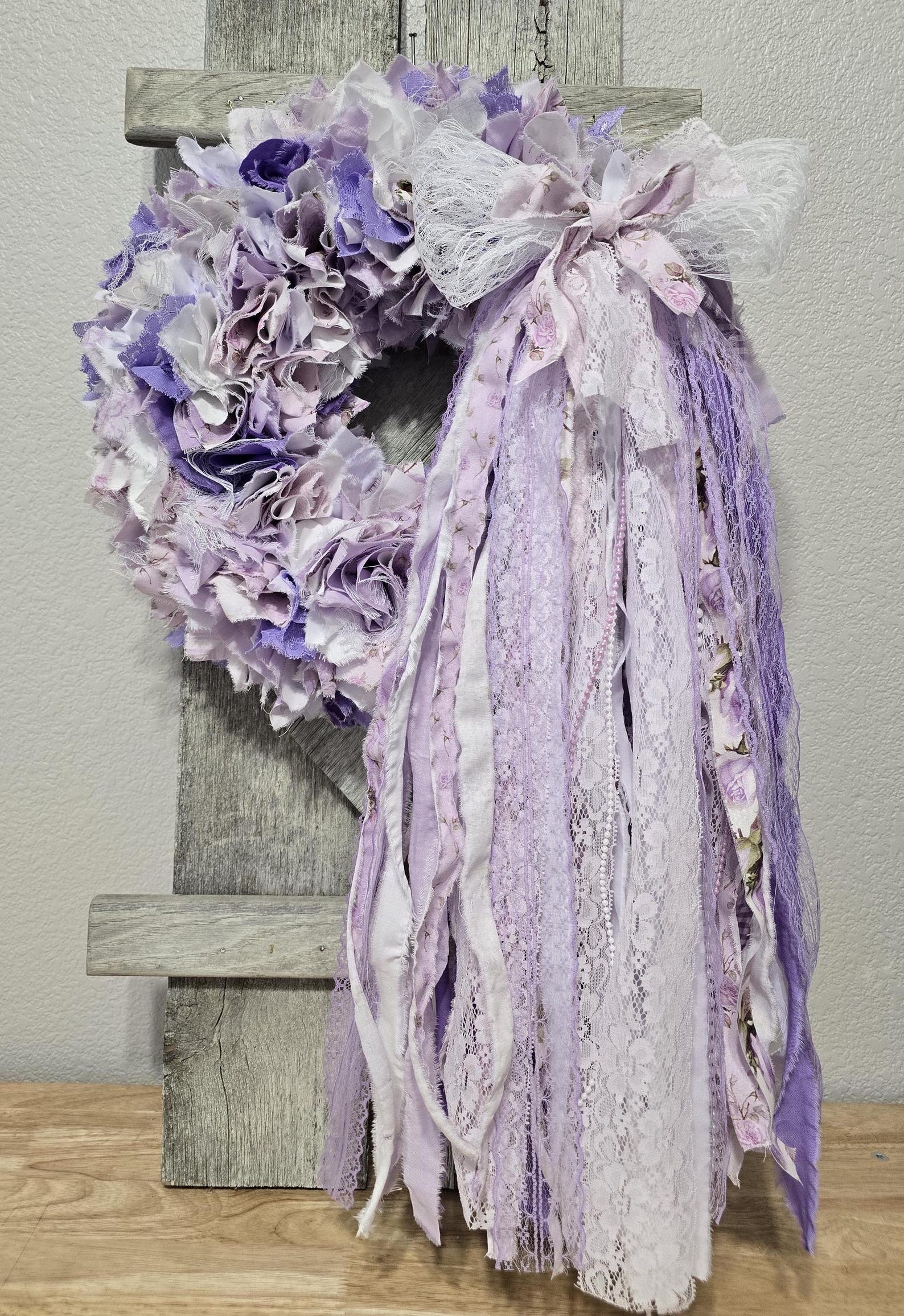 Lavender Shabby Chic Rag Wreath With Lace & Pearl Bow - Etsy