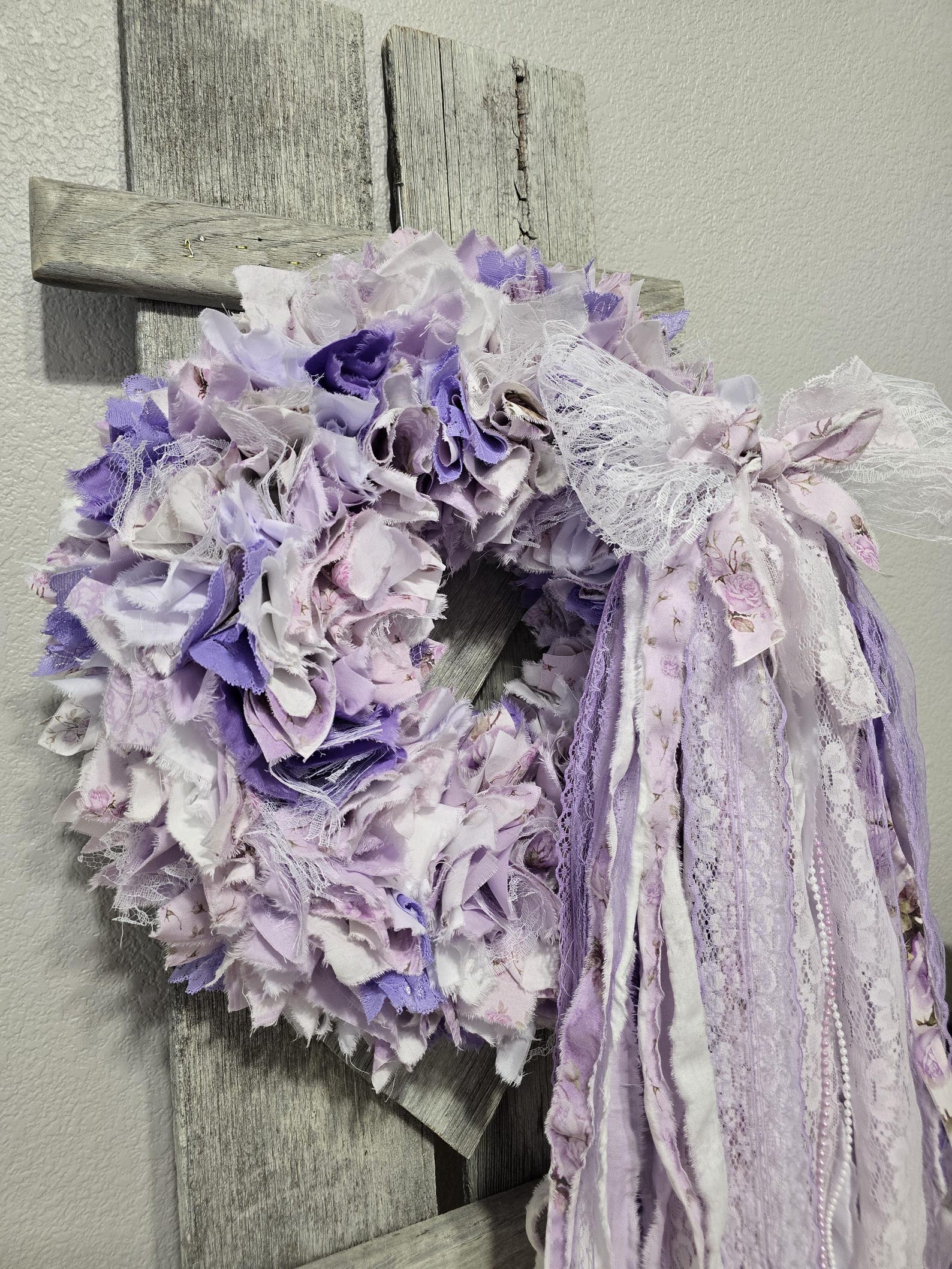 Lavender Shabby Chic Rag Wreath With Lace & Pearl Bow - Etsy