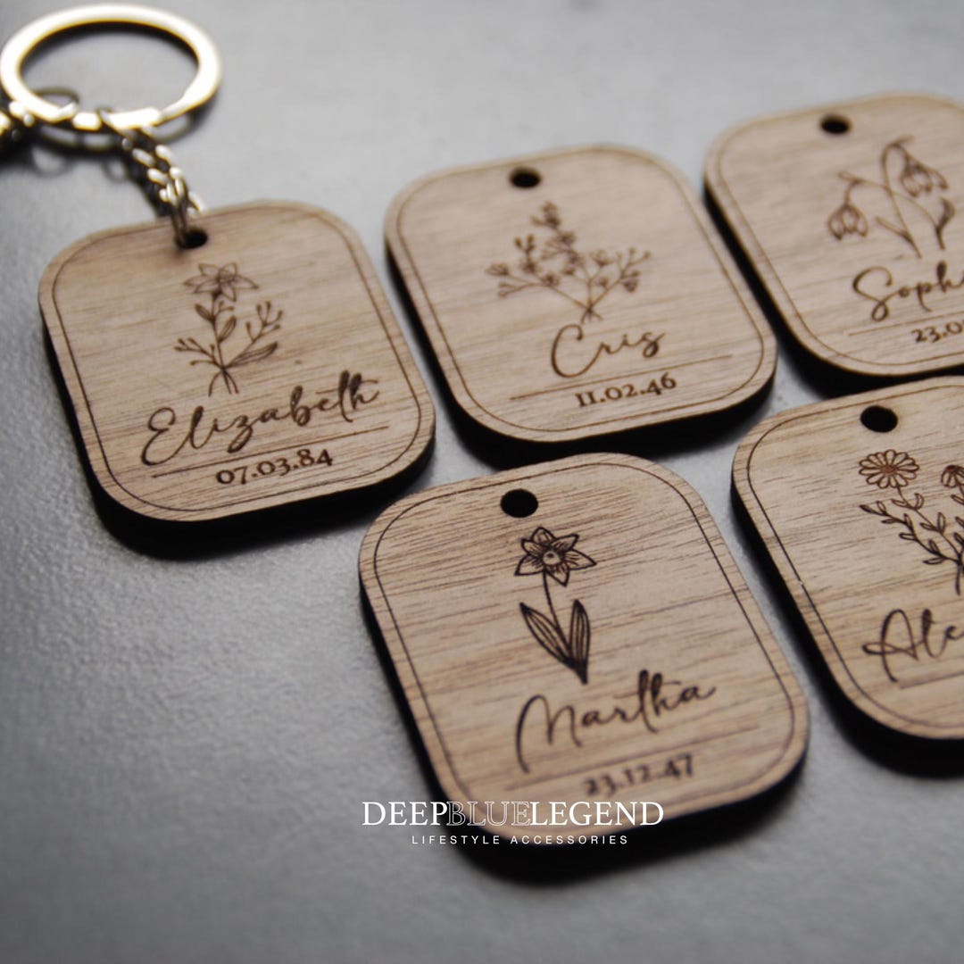 Custom Birthflower Keychain, Personalized Birth Flower Keyring, Name ...