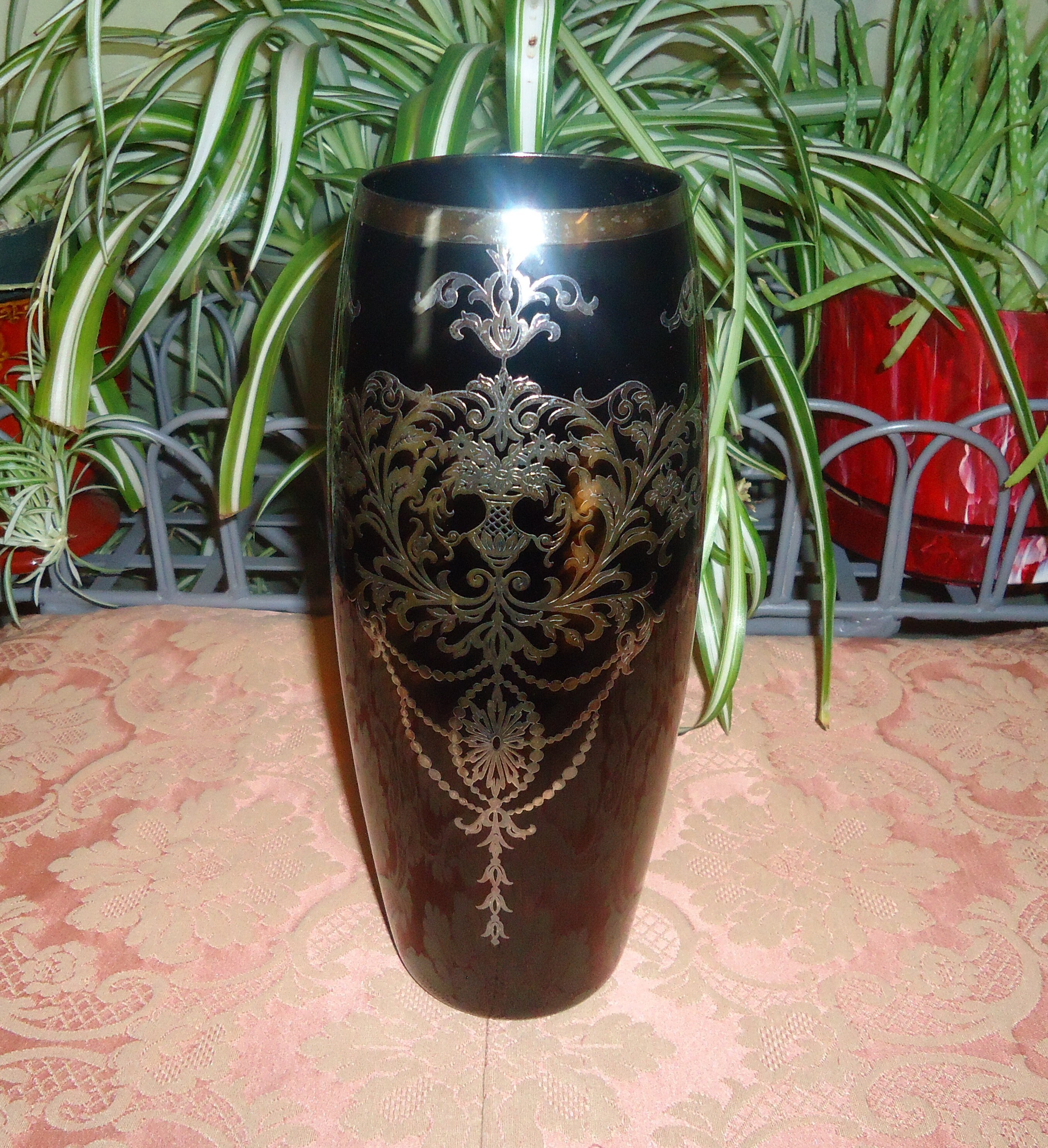 A Stunning 11" Silver Overlay Black Amethyst Glass Vase - Etsy