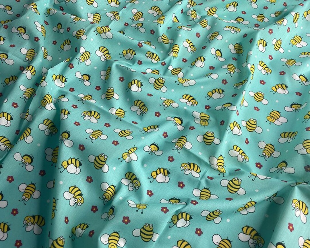 Bumble Bees Polycotton Fabric, Aqua. - Etsy
