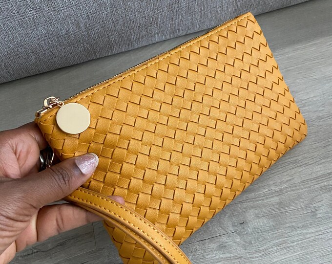 Handwoven Yellow Vegan Leather Pouch Bag,genuine Leather Zippered ...