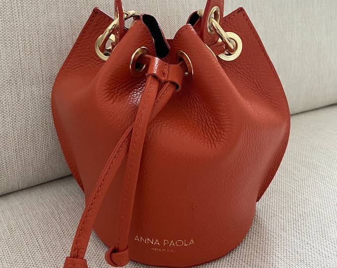 Classic Orange Anna Paola Genuine Leather Bucket Bag,crossbody Italian ...