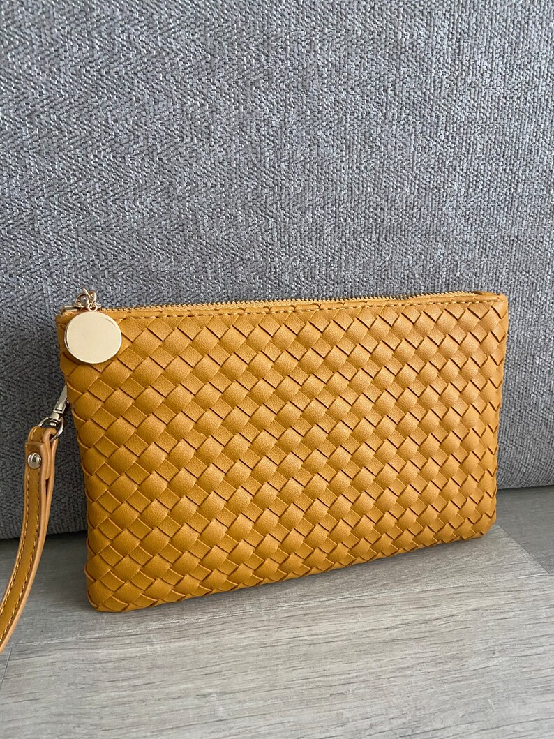 Handwoven Yellow Vegan Leather Pouch Bag,genuine Leather Zippered ...