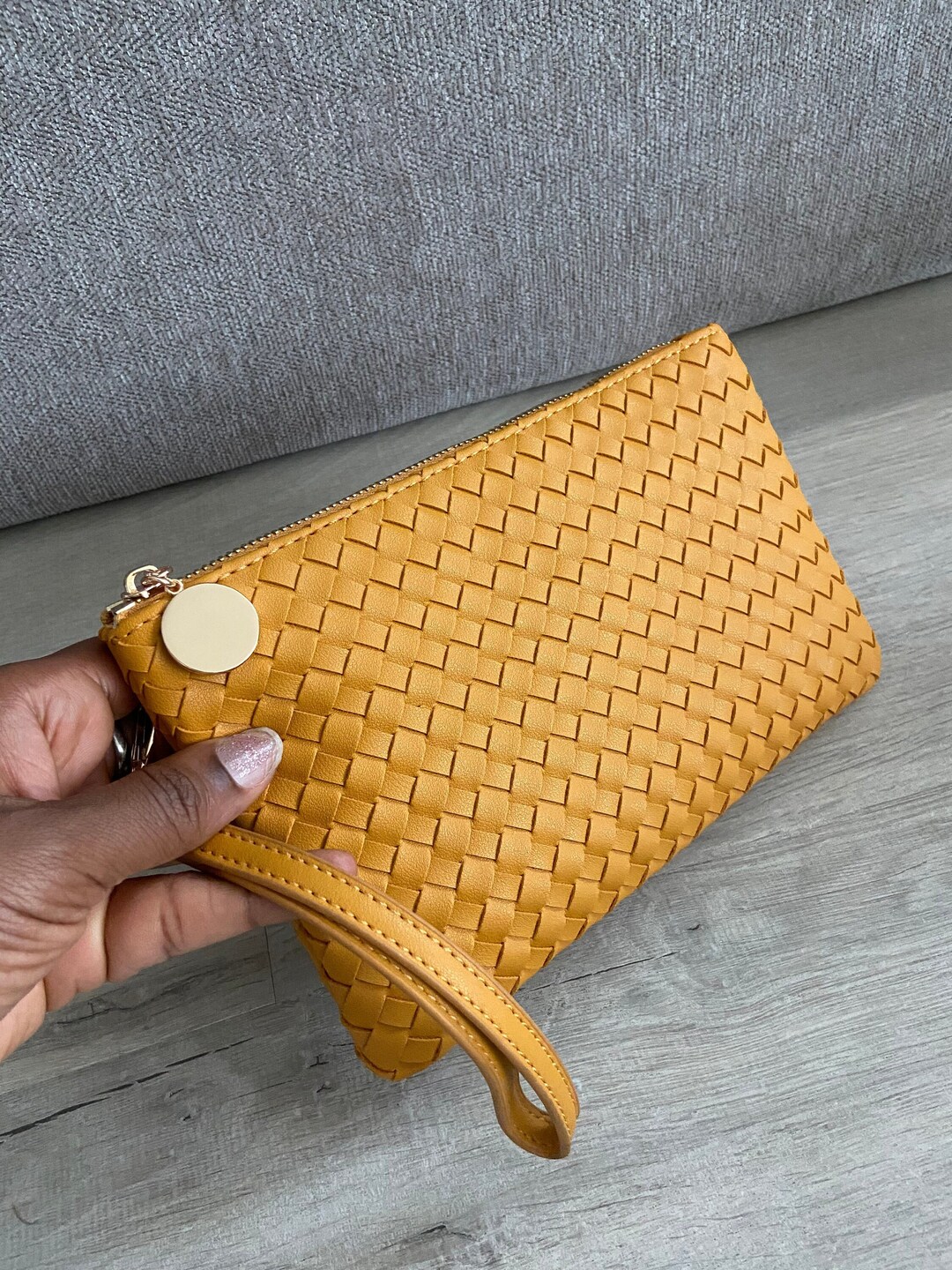 Handwoven Yellow Vegan Leather Pouch Bag,genuine Leather Zippered ...