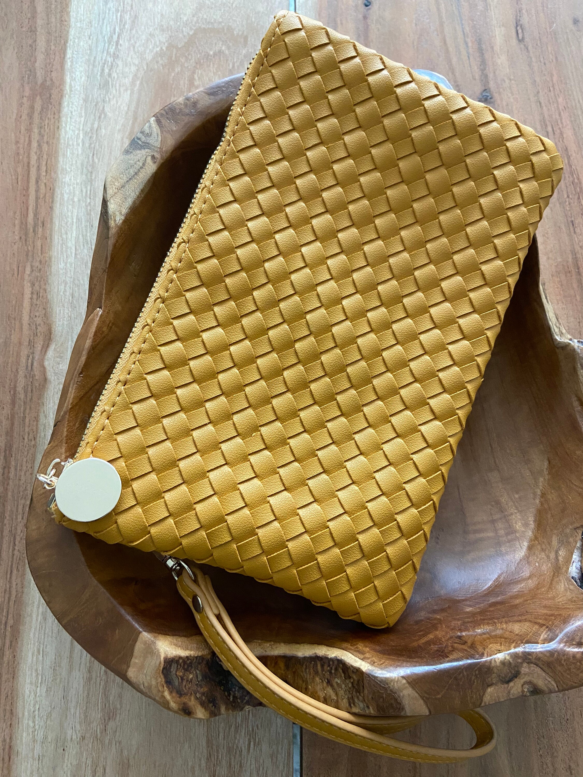 Handwoven Yellow Vegan Leather Pouch Bag,genuine Leather Zippered ...