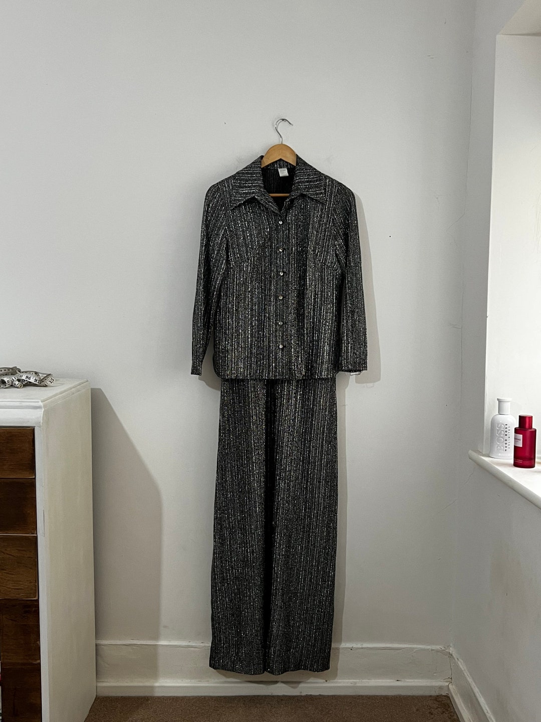 Vintage Silver Metallic Thread Dress and Matching Jacket Length Black ...