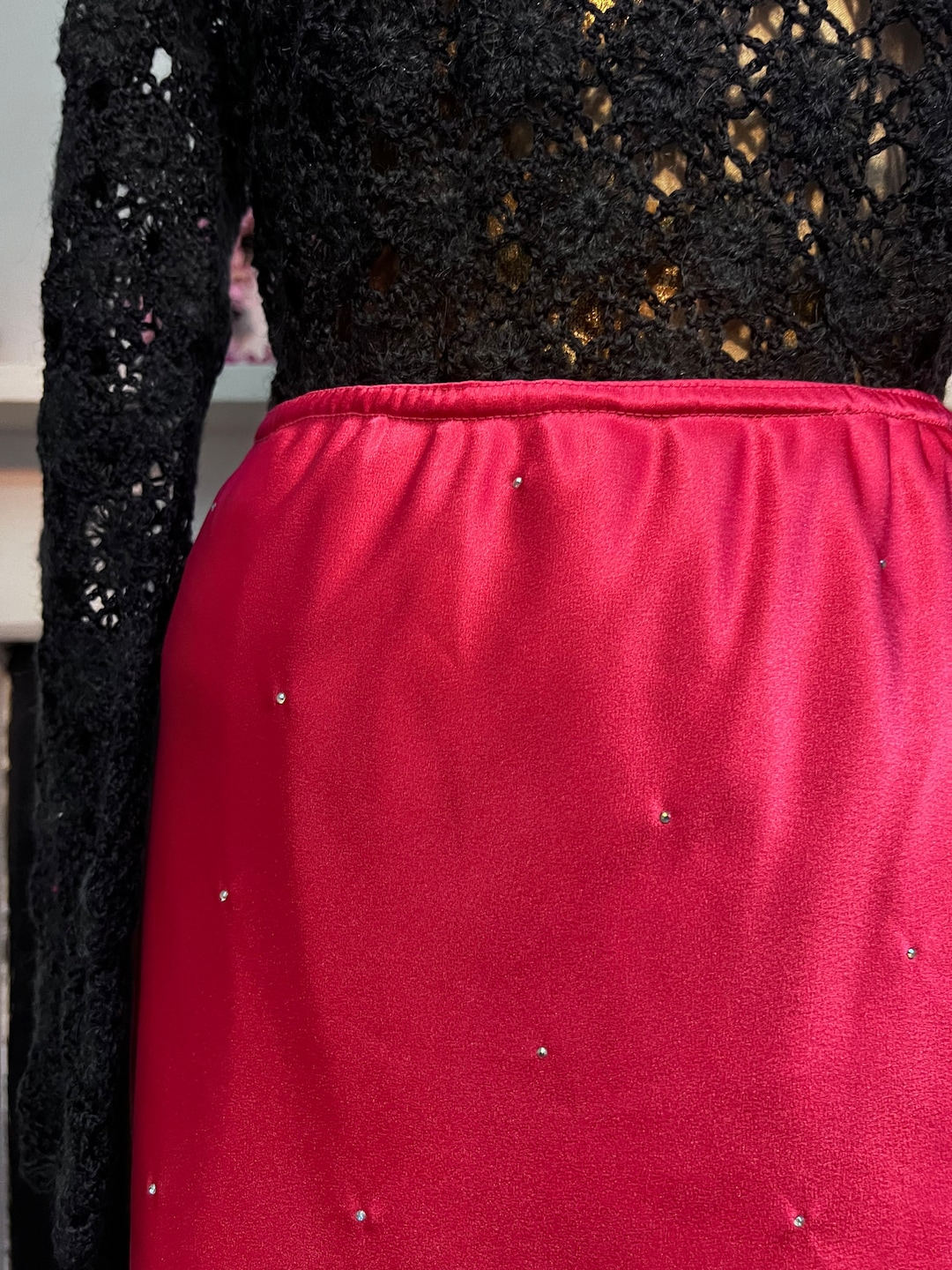 Vintage Red Skirt Satin Diamanté Patsy Seddon Knee Length Skirt UK12 ...