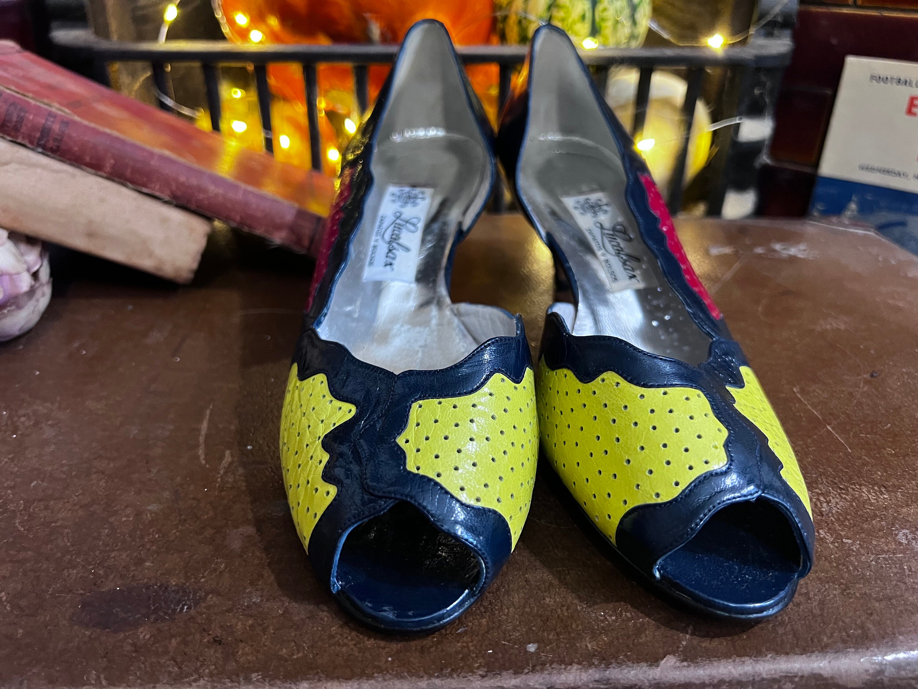 1950s Vintage Navy Yellow Kitten Heel Shoes Patchwork Punchwork UK6 ...