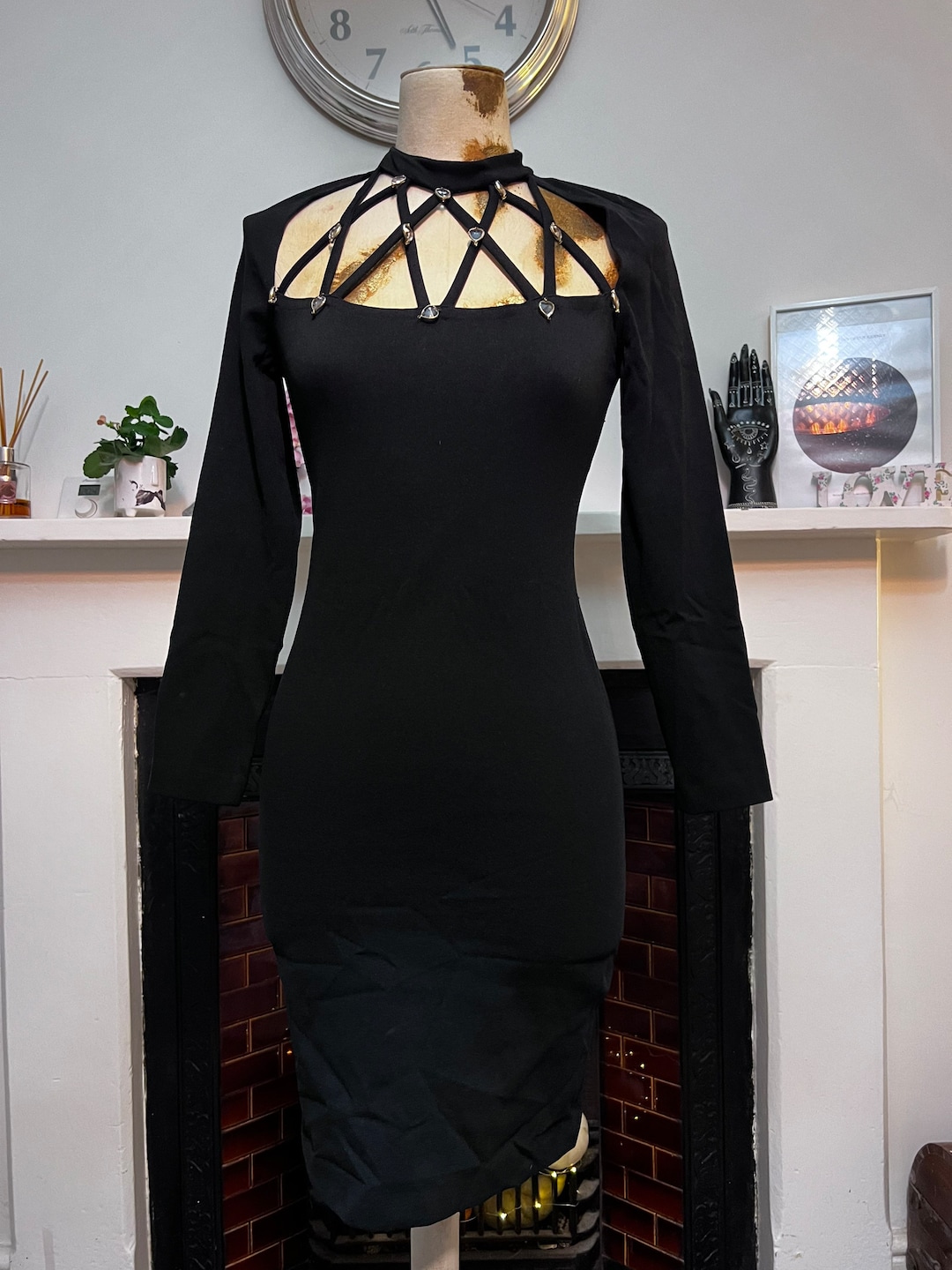 Vintage 80s Black Bodycon Dress Cages Neckline With Diamanté Heart ...