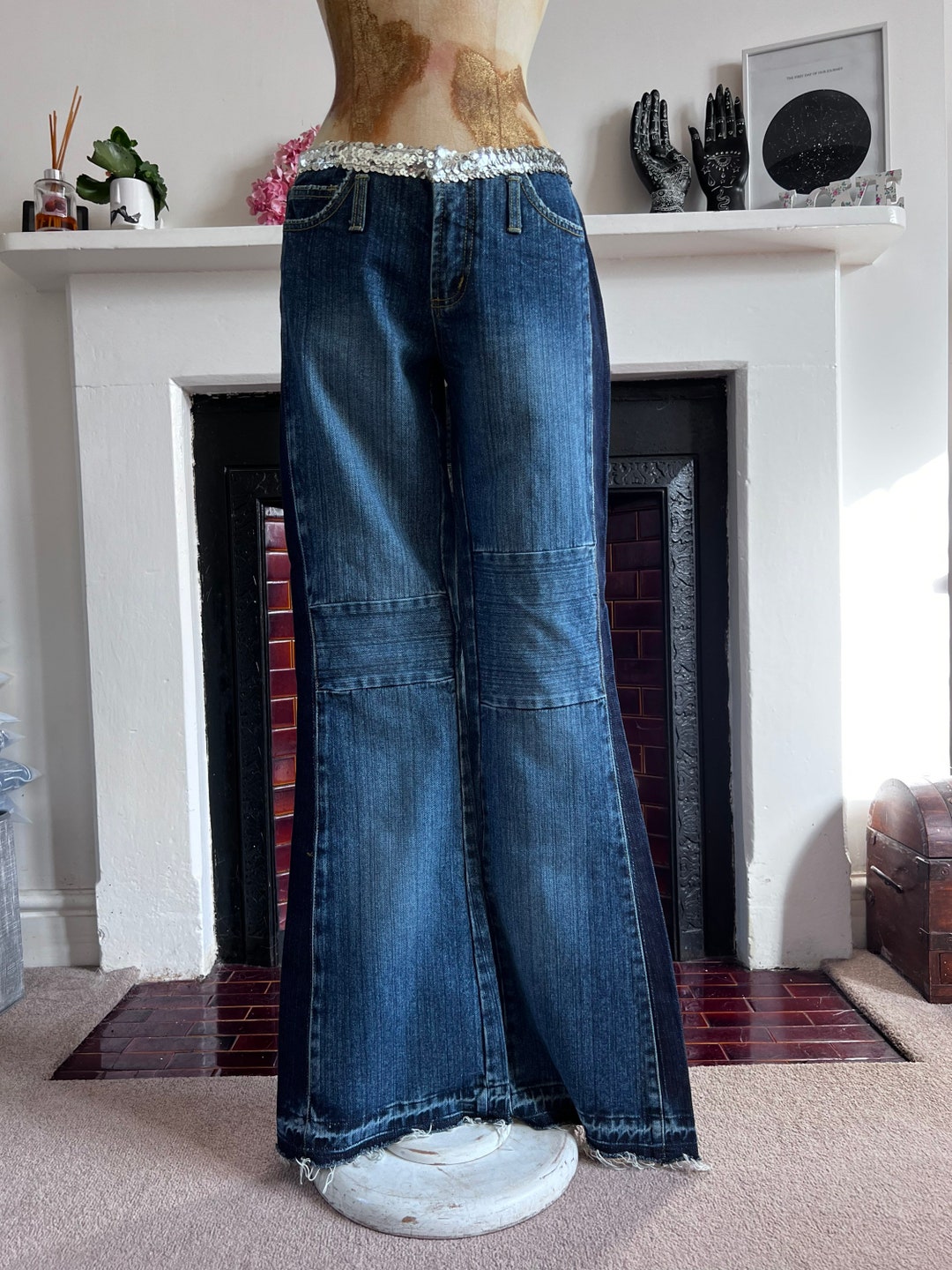 Vintage Jeans, 90s Flared Patched Jeans With Sequin Belt, Deadstock ...