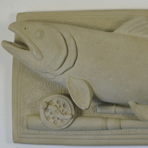 Fly Fishing Trout, 12x6x2 Inch, Concrete Cast Relief Plaque by George ...