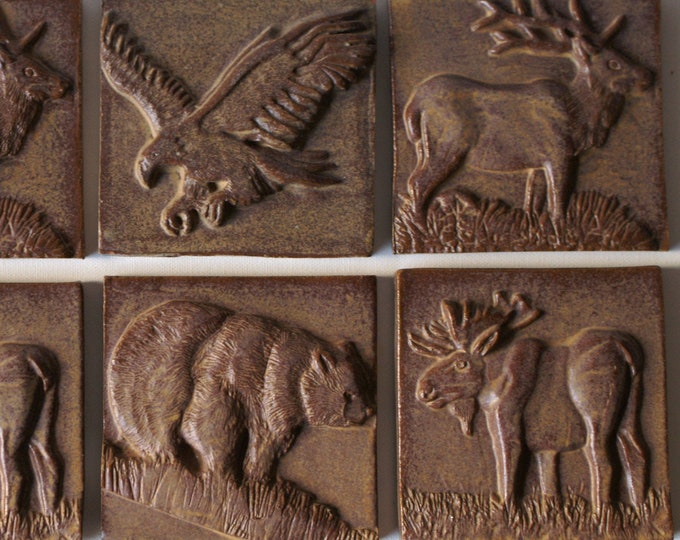 Rustic Bear, Eagle, Moose, Elk, 4x4 Tiles, Bronze Glaze Color, Set of ...