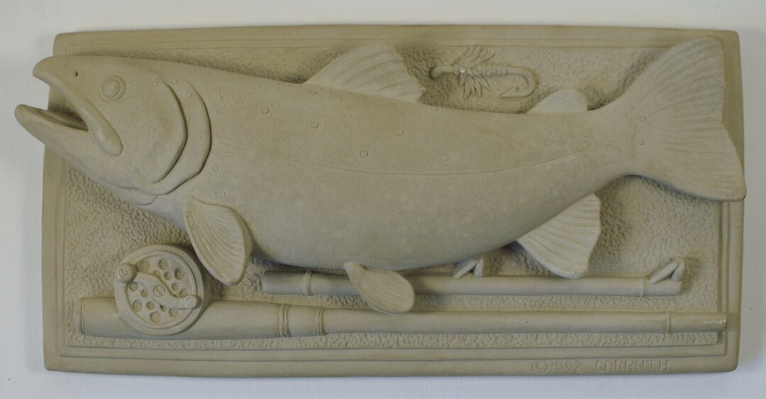 Fly Fishing Trout, 12x6x2 Inch, Concrete Cast Relief Plaque by George ...