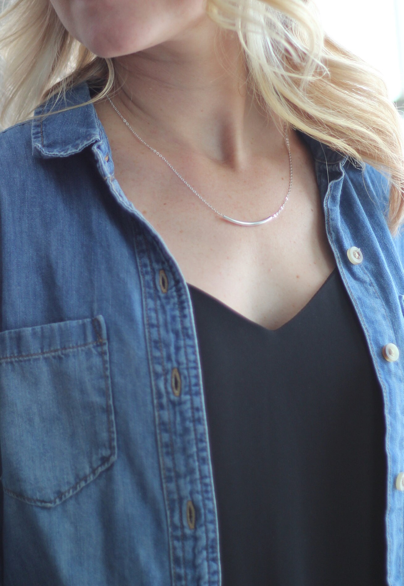 Simple Everyday Necklace-curved Bar Necklace Silver-short Layered ...