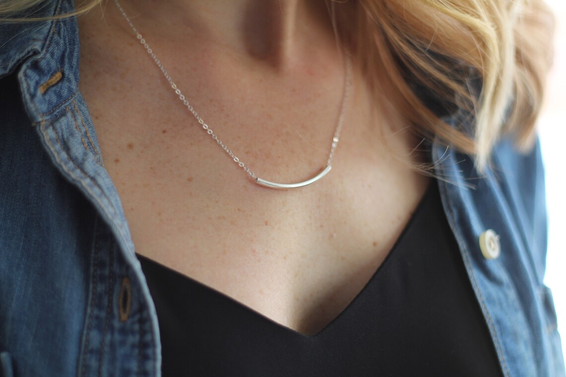Simple Everyday Necklace-curved Bar Necklace Silver-short Layered ...