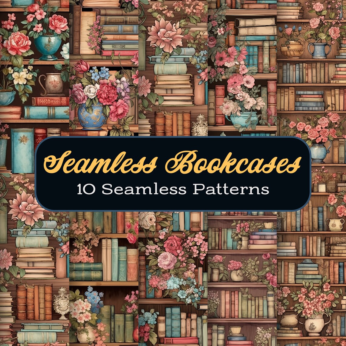 Victorian Bookcases Seamless Pattern Textures Flowers Digital Paper for ...