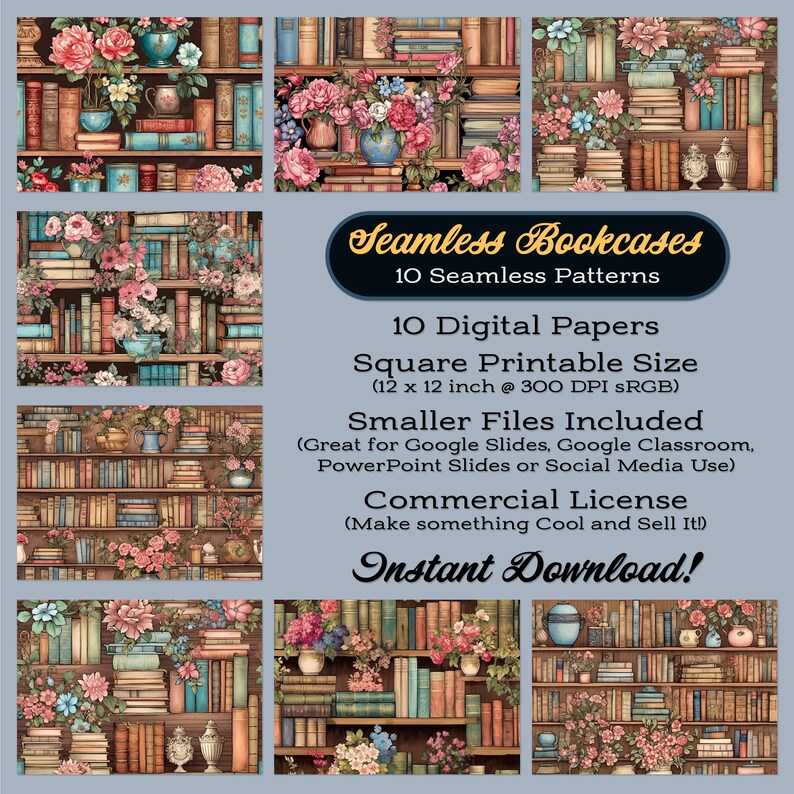 Victorian Bookcases Seamless Pattern Textures Flowers Digital Paper for ...