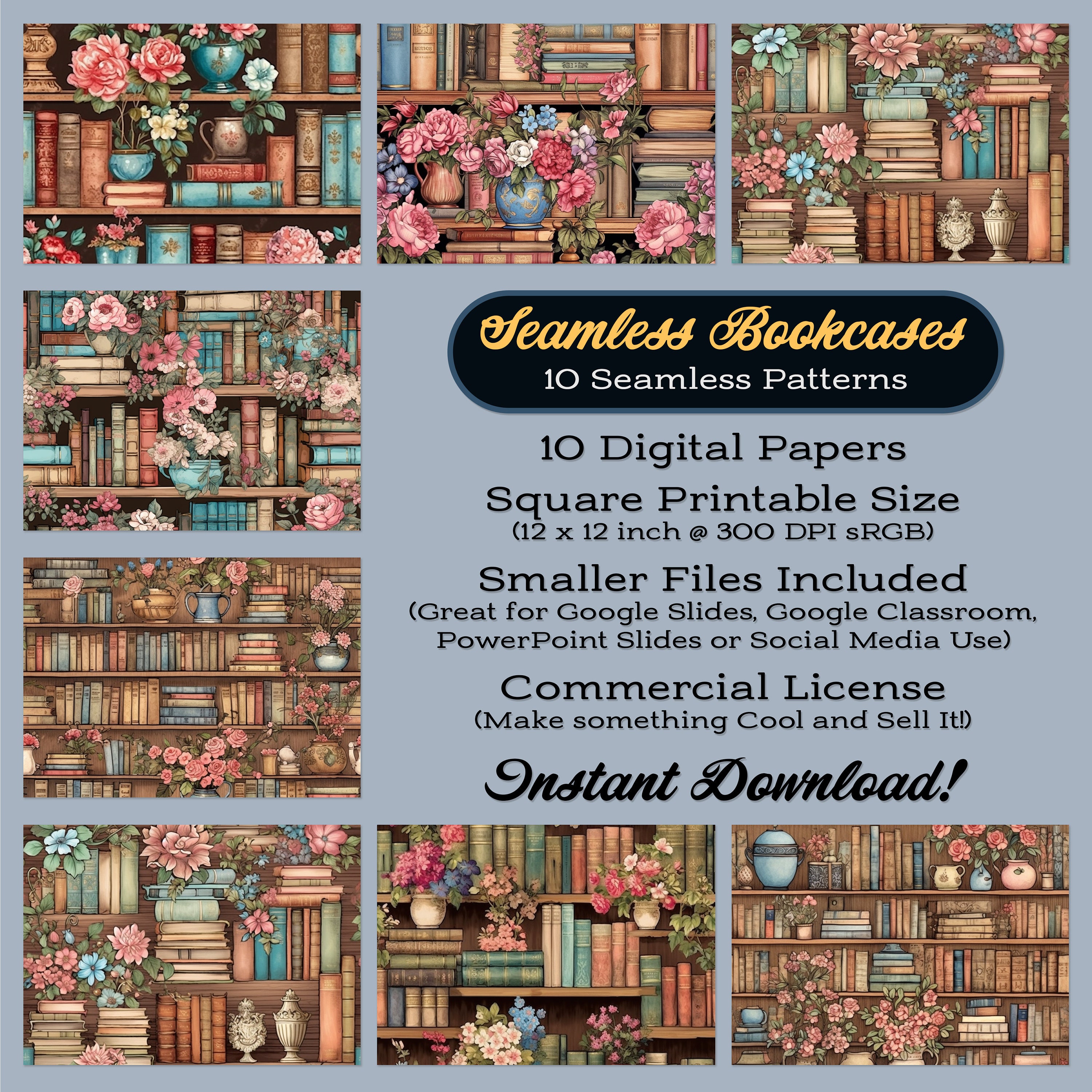 Victorian Bookcases Seamless Pattern Textures Flowers Digital Paper for ...