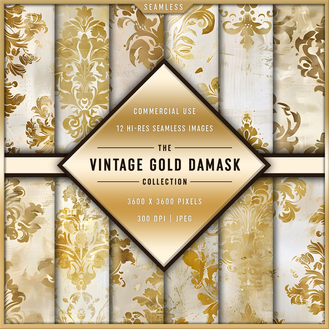 The Vintage Gold Damask Collection | 12 High-resolution Seamless ...