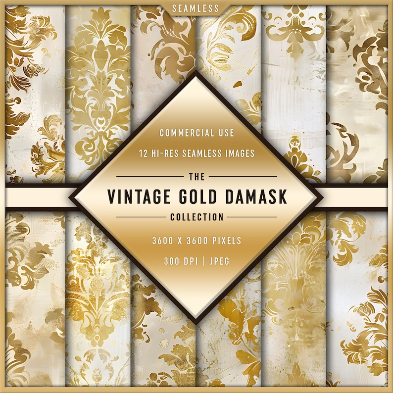 The Vintage Gold Damask Collection | 12 High-resolution Seamless ...