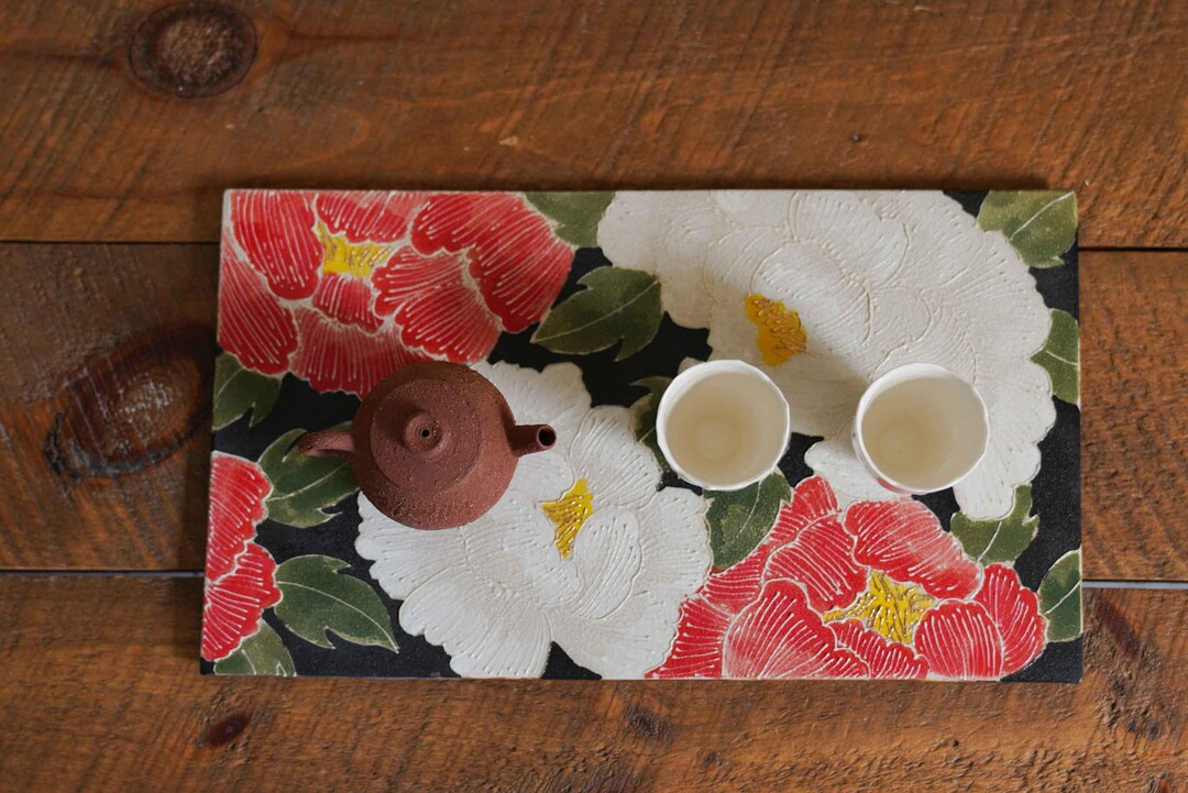 Matte Black Peony Tea Tray - Etsy