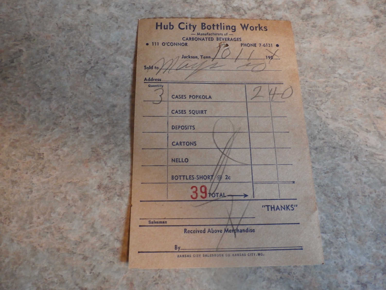 1954 Paper Invoice Tab Receipt From Hub City Bottling Works ...