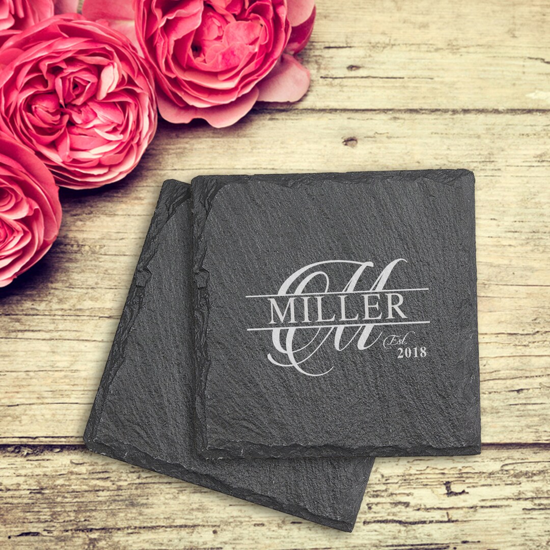 Fancy Monogram Slate Stone Coaster Housewarming Gifts, Engraved Couples ...
