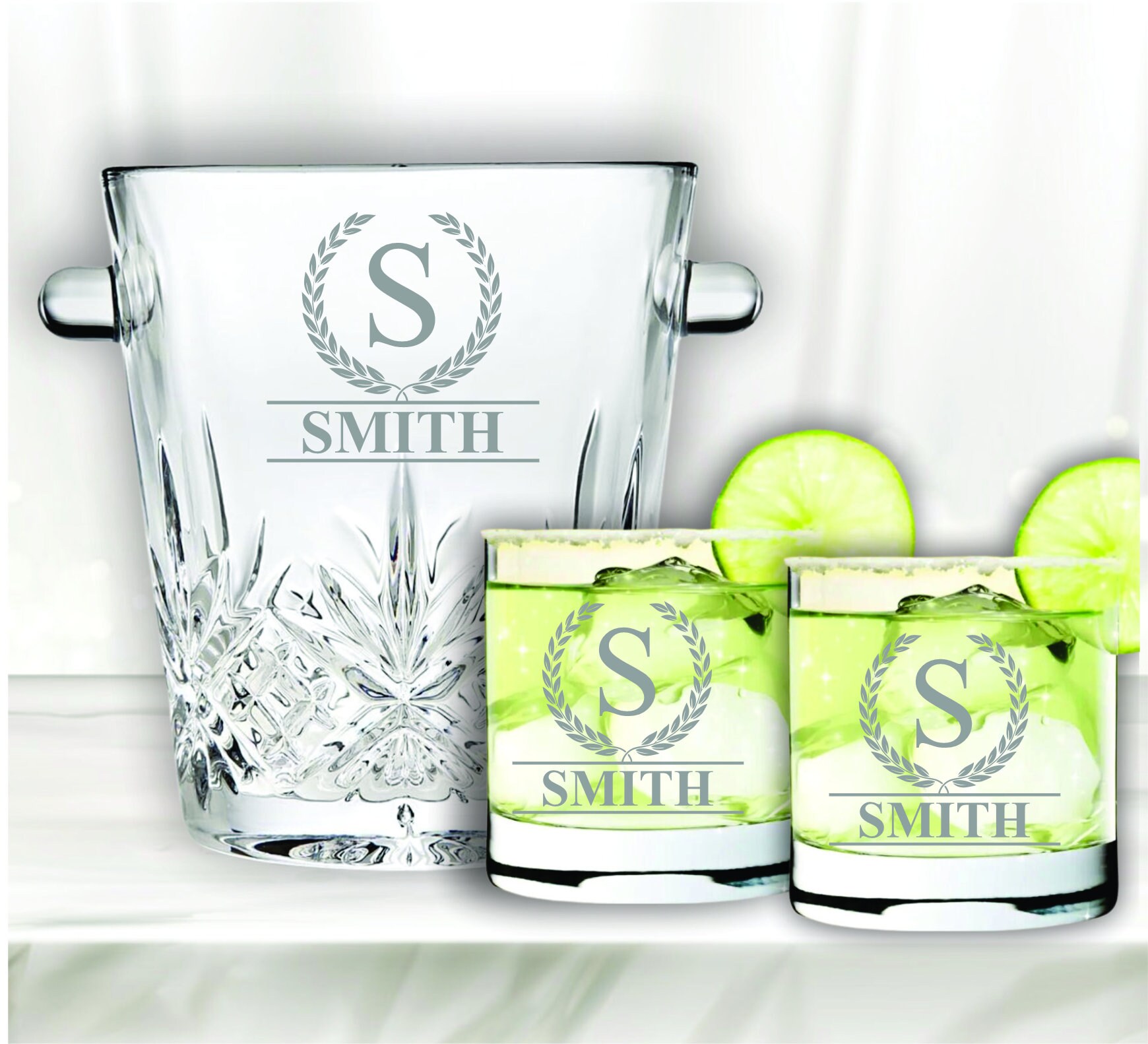 Custom Engraved Ice Bucket Set, Rocks Cocktail Glasses, Personalized ...