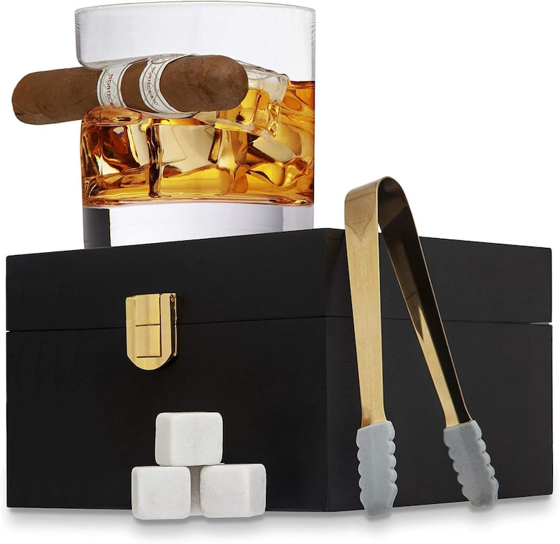 Cigar Whiskey Glass & Stones Gift Set – Personalized Bourbon Glasses ...