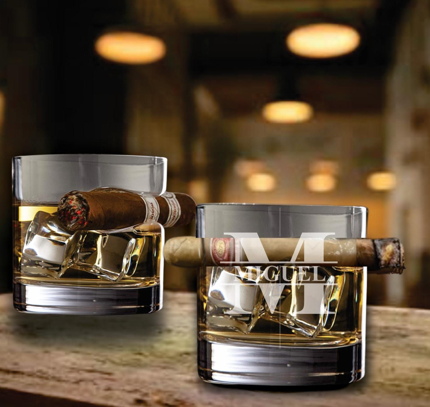 Cigar Whiskey Glass & Stones Gift Set – Personalized Bourbon Glasses ...