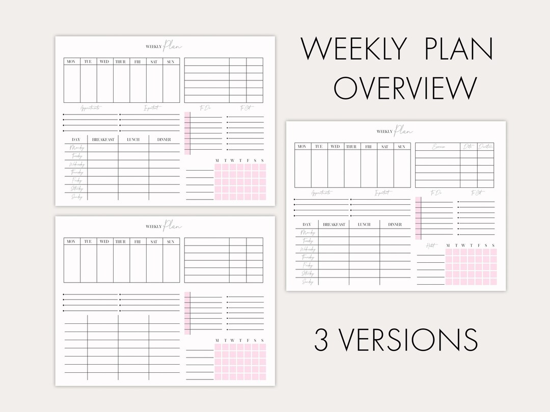Weekly Plan Overview, Letter Size, 3 Layouts, Feminine, Pink - Etsy