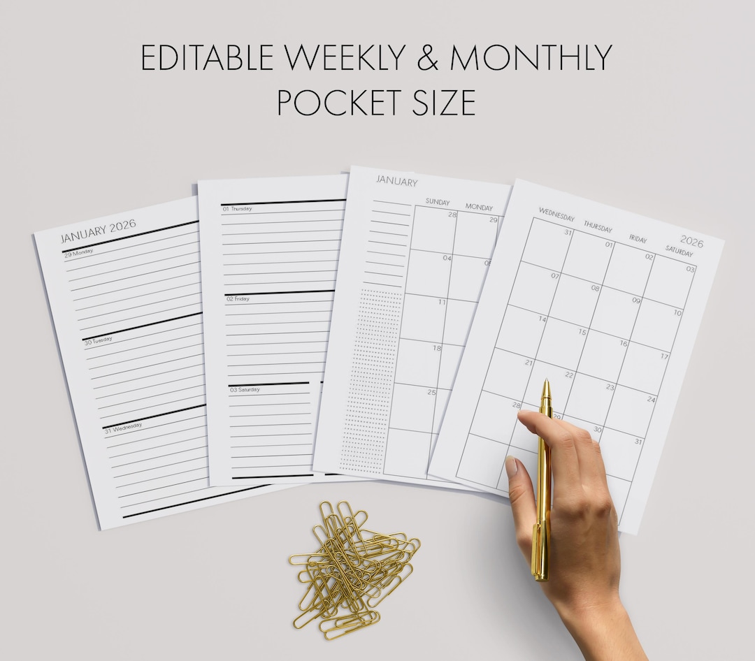 Editable Pocket Size Weekly & Monthly Planner Printable | Pocket Rings ...