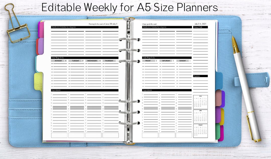 A5 Weekly Planner Printable: Fillable, Editable, Undated Productivity ...