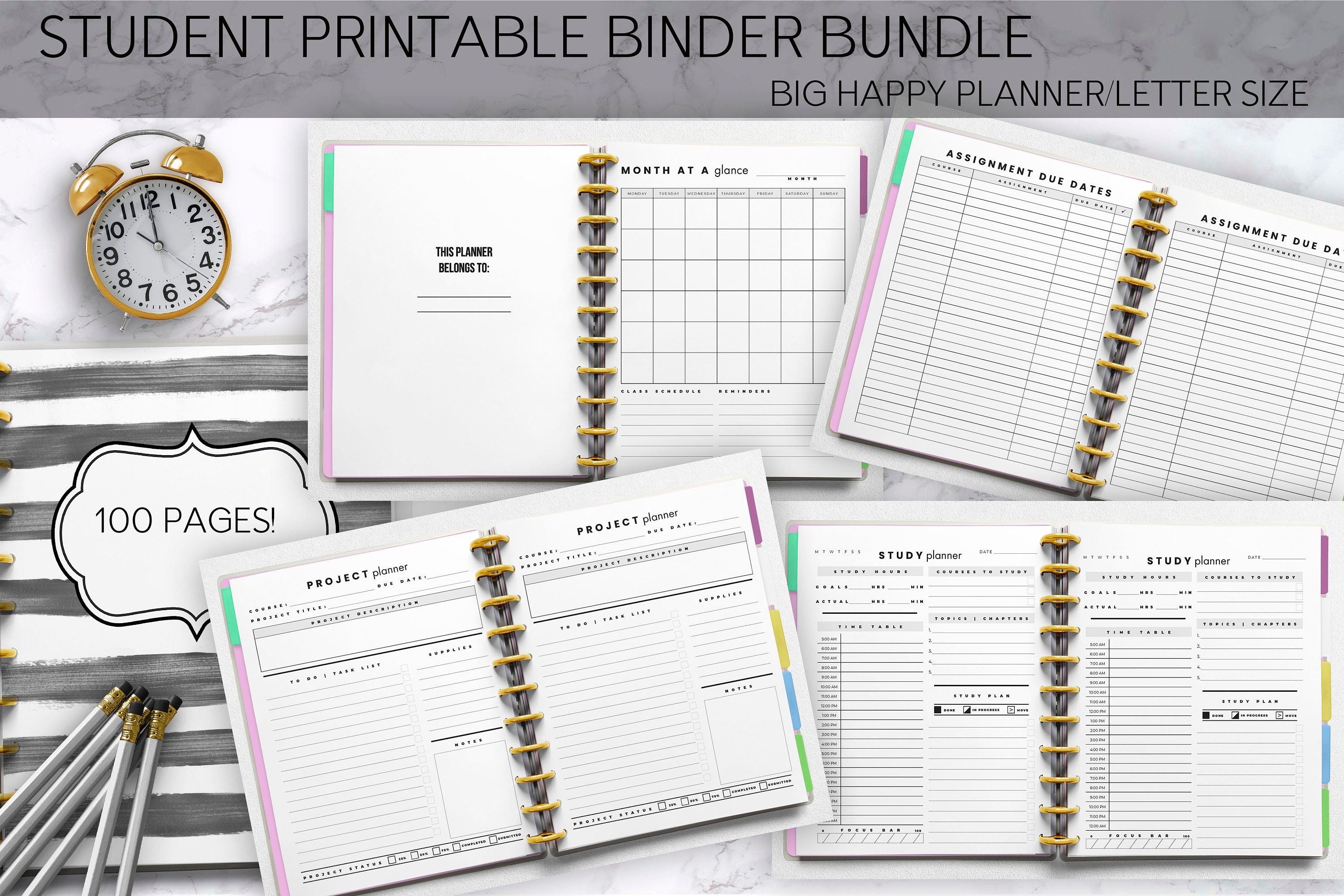 Printable Undated Student Planner Binder, Standard Letter Size, Big ...