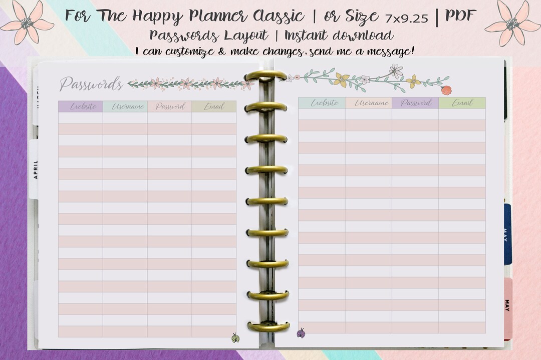 Planner Printables | Passwords Log Inserts | for the Happy Planner ...