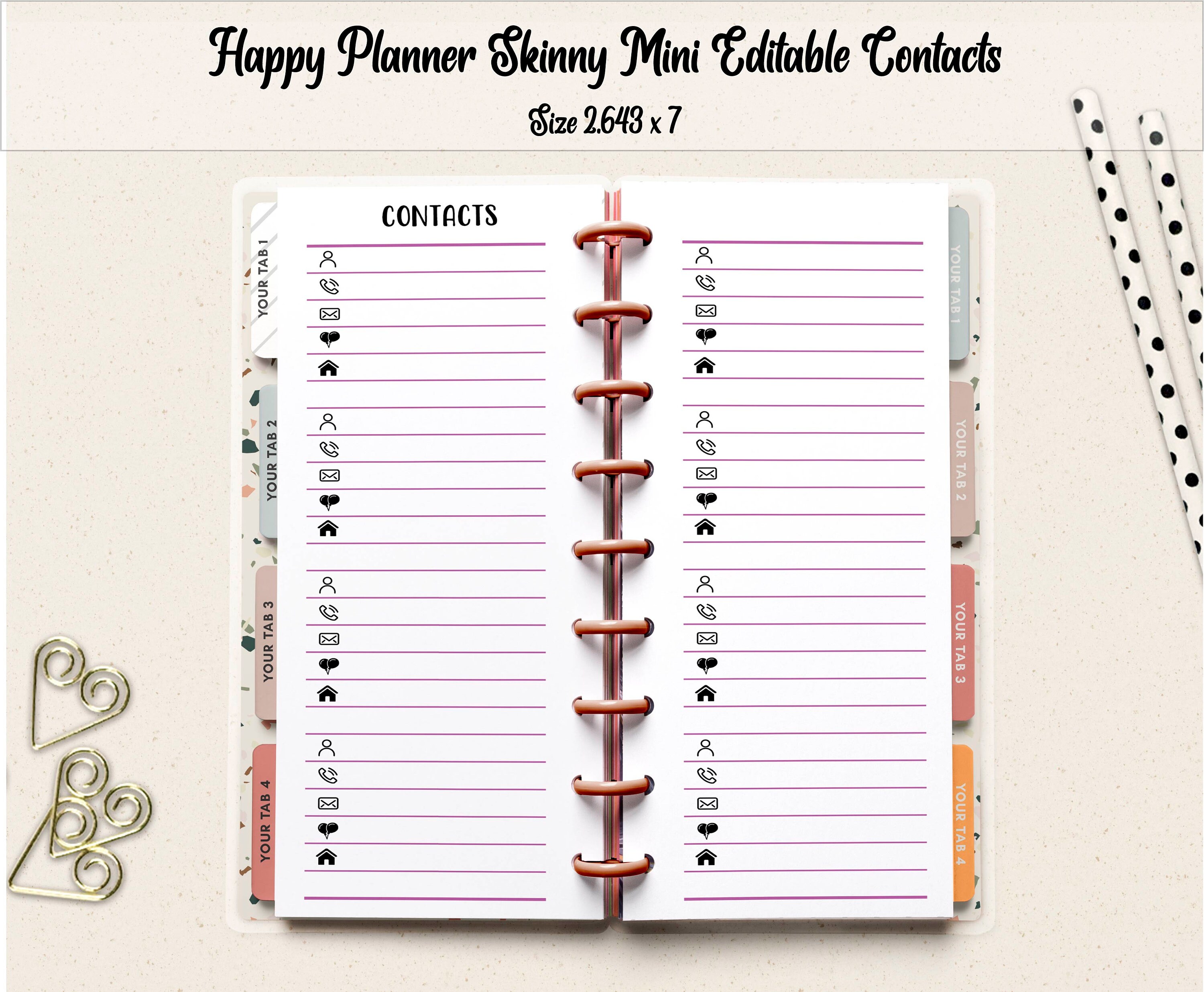 Editable Happy Planner Skinny Mini Contacts, Contacts for the Happy ...