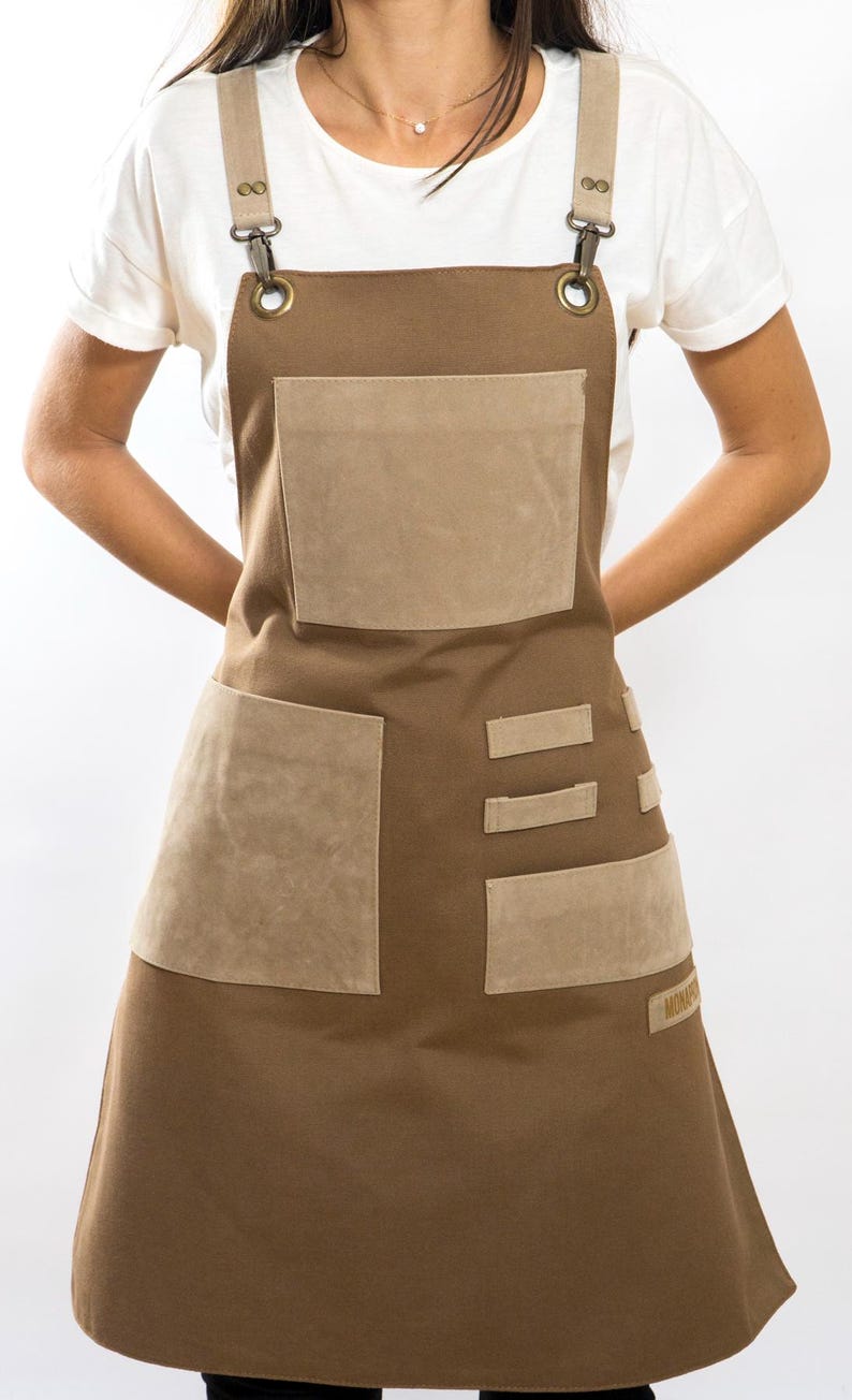 Beige Brown Apron With Suede Straps and Pockets - Monapron - Etsy