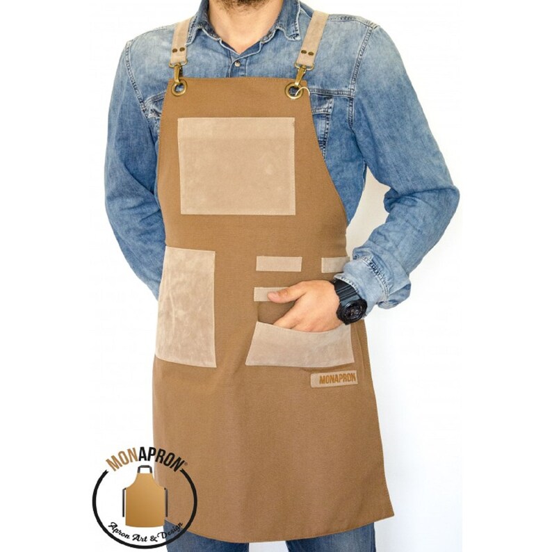 Beige Brown Apron With Suede Straps and Pockets - Monapron - Etsy