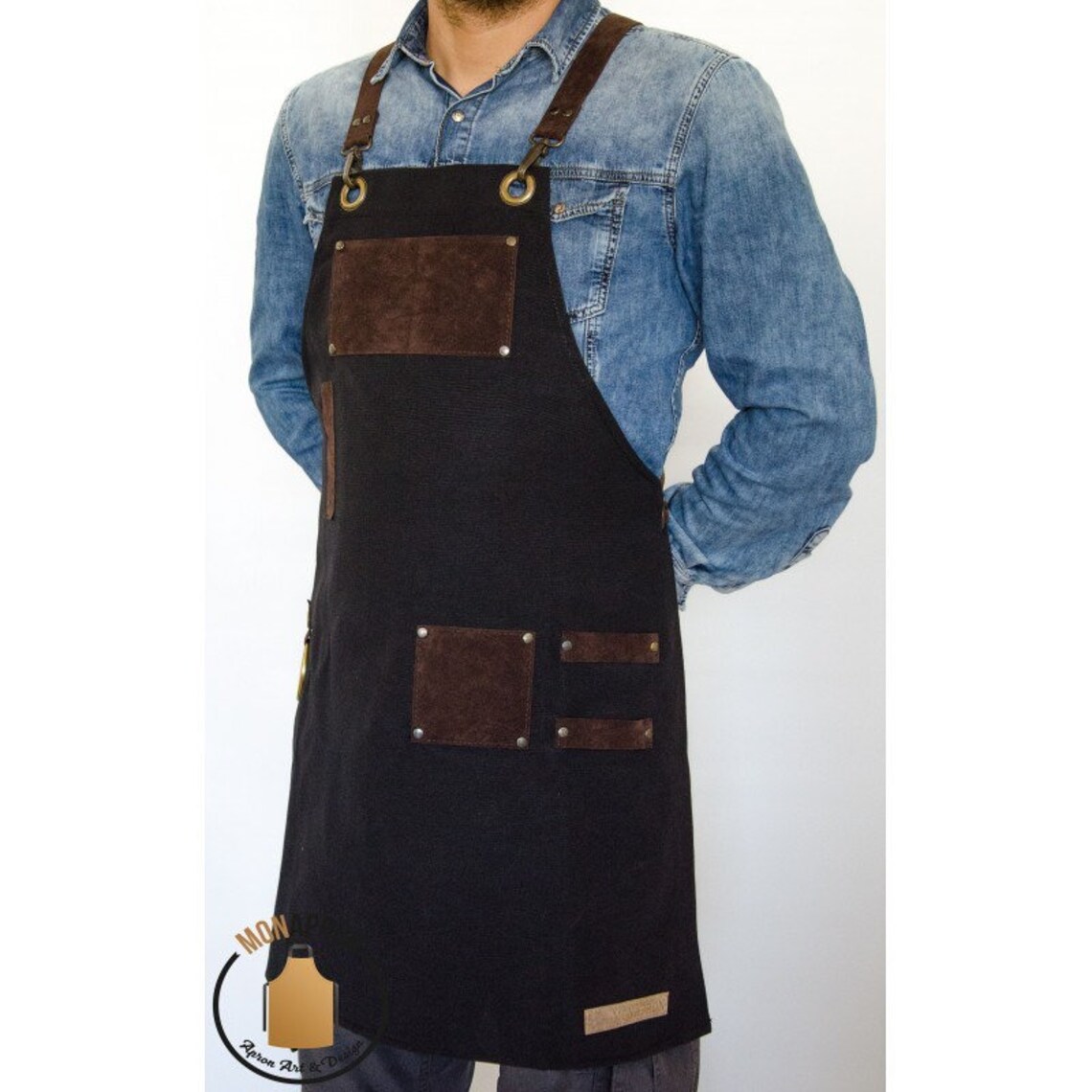 Black Duty Design Apron W/ Straps and Pockets - Etsy