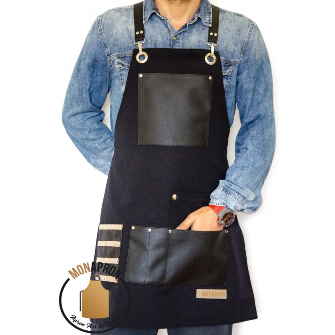 Black Extra Pocket Design Apron W/ Straps Barista-hairdresser-barbers ...