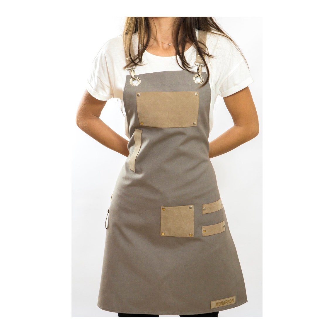 Gray Beige Design Apron W/ Suede Straps and Pockets | Etsy