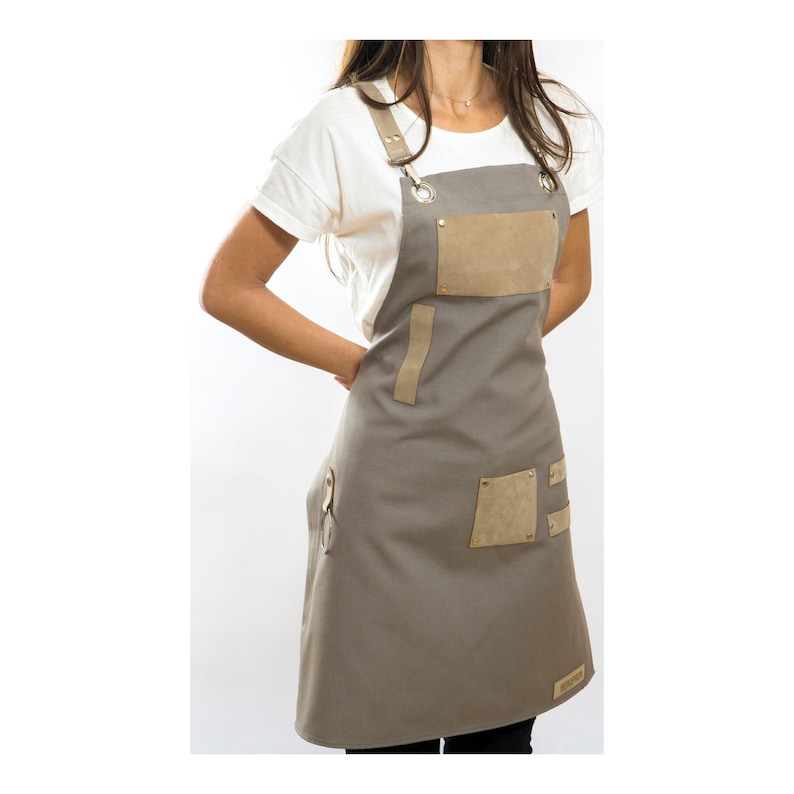 Gray Beige Design Apron W/ Suede Straps and Pockets | Etsy