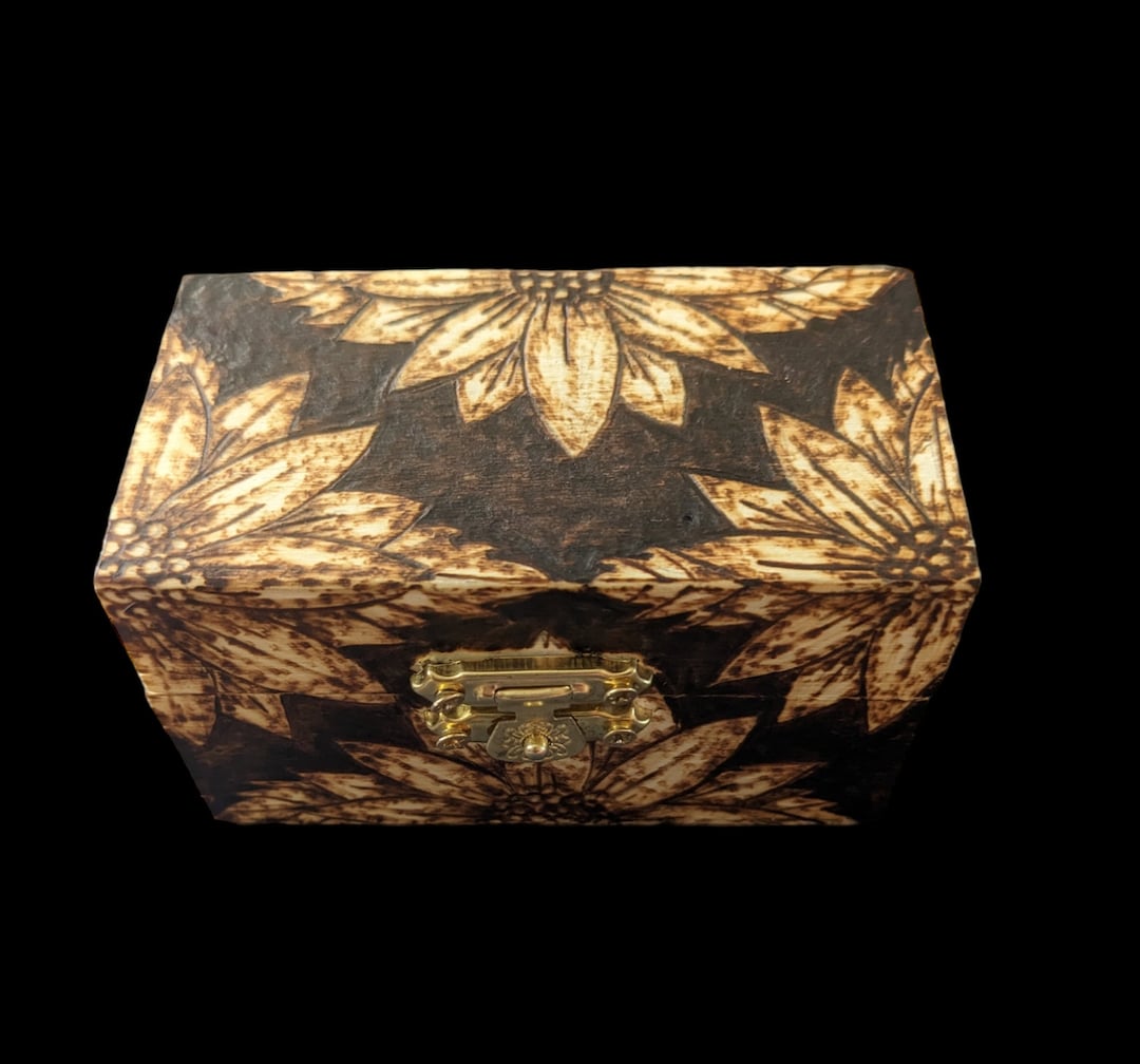 Sunflowers Small Wooden Jewelry Box With the Art of Pyrography Wood ...