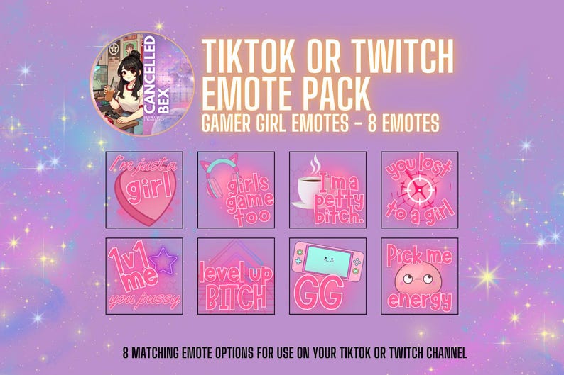 8 Tiktok or Twitch Emotes - Girly Gamer - 8 Emotes Options for Your ...