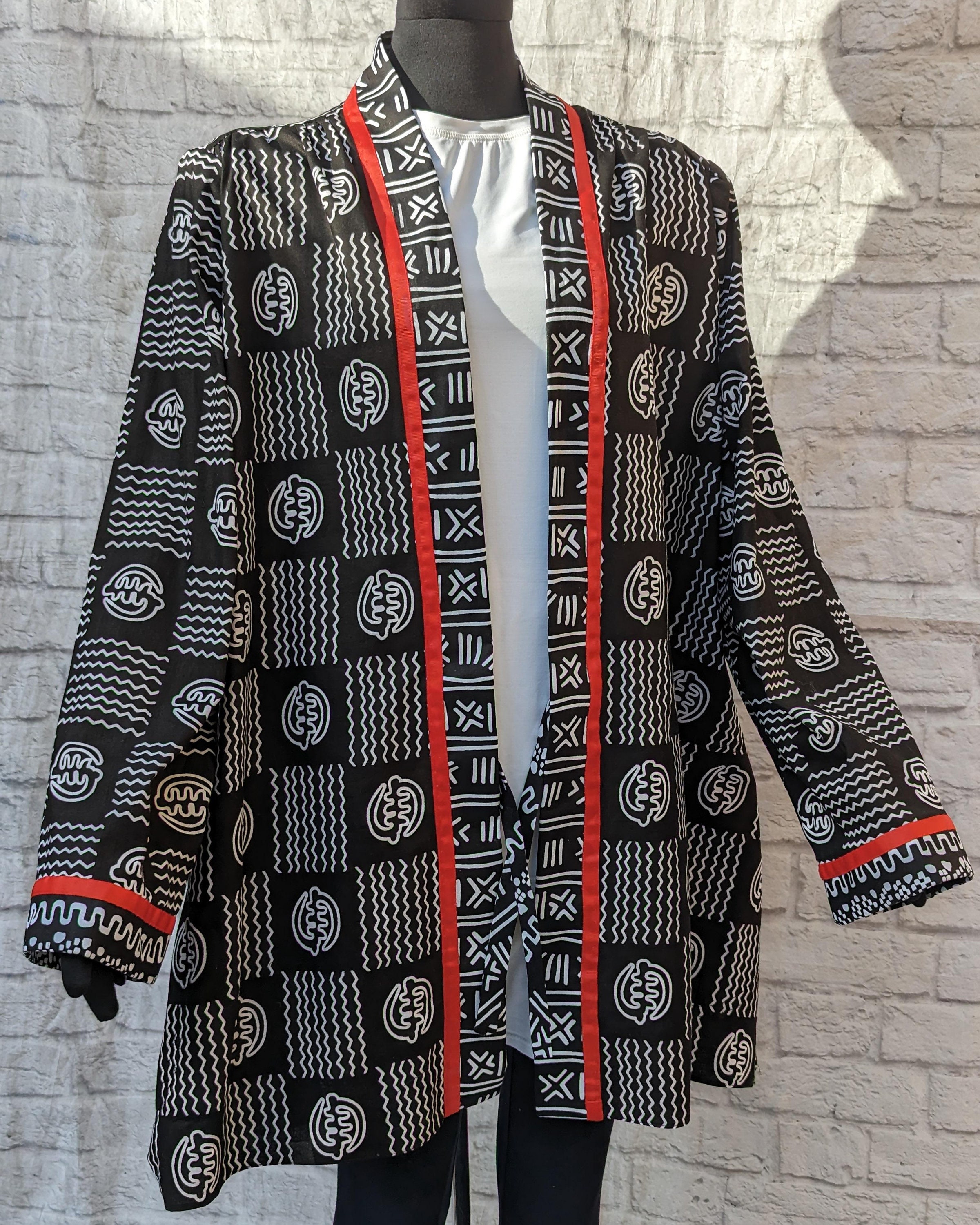 Unisex Gye Nyame African Mudcloth Duster, Loosefitting, Unlined, Long ...