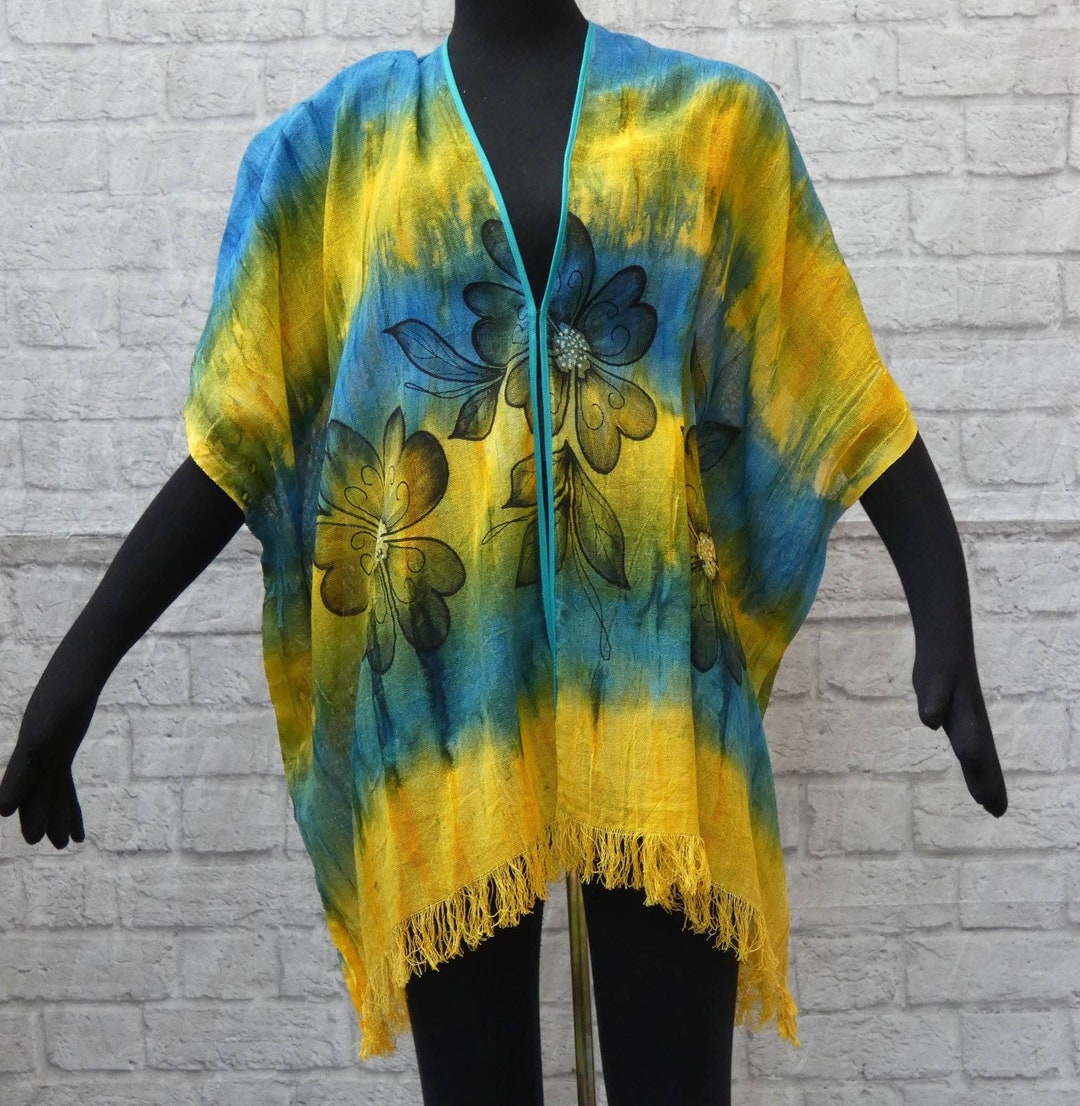 Tie-dyed Cotton Gauze Cover-up: Hand-painted Hibiscus, Fringed Hem - Etsy