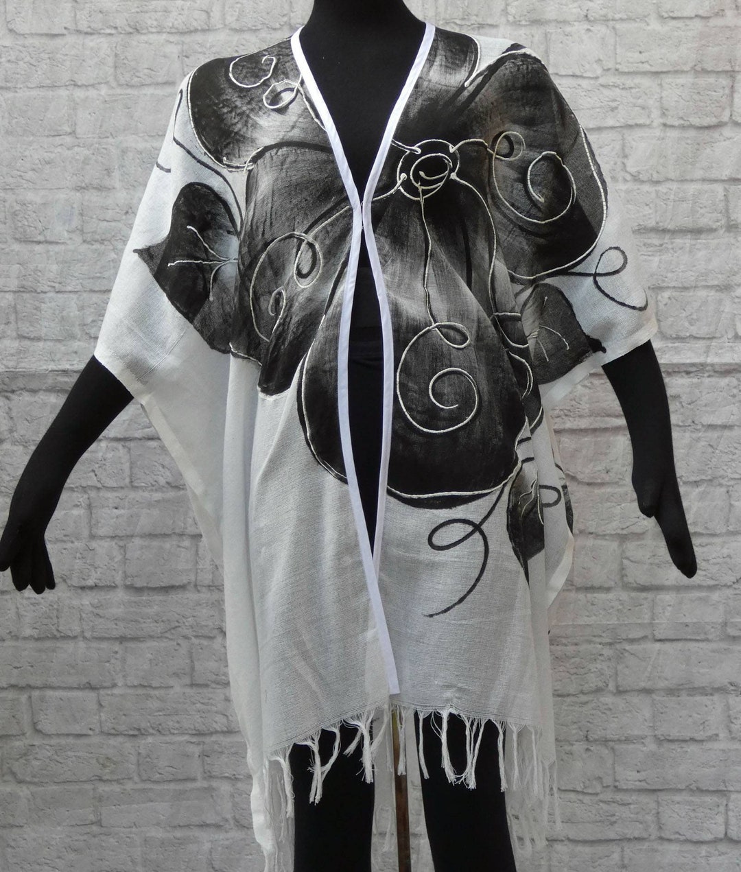 Handpainted Cotton Gauze Cover-up Duster: Tropical Blossoms, Fringed ...